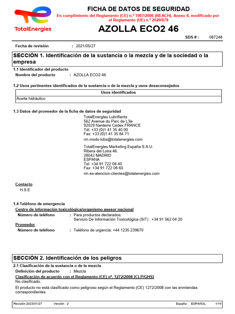 G9J - Spain - Spanish - XE TOTAL AZOLLA ECO2 46 - ACEITE HIDRAULICO ...