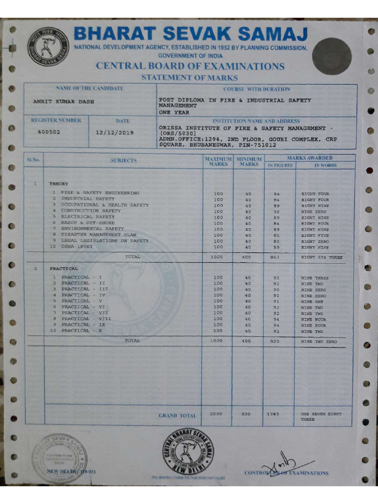 Fire Safety Marksheet | PDF