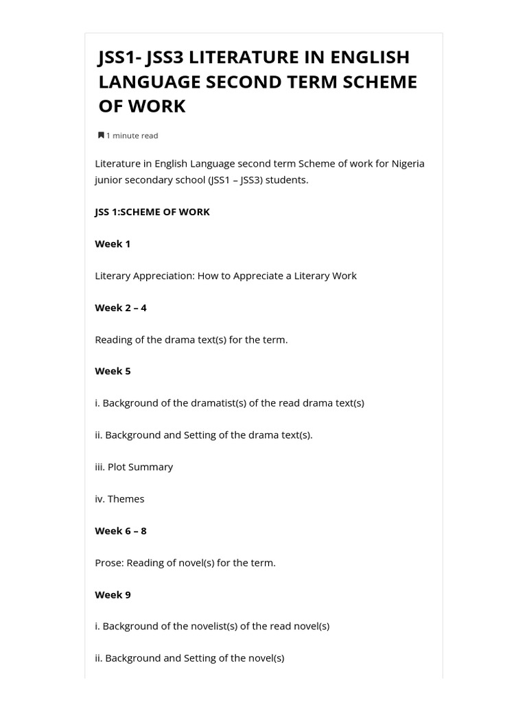 JSS1-3 Literature Second Term Plan | PDF | Poetry | Prose