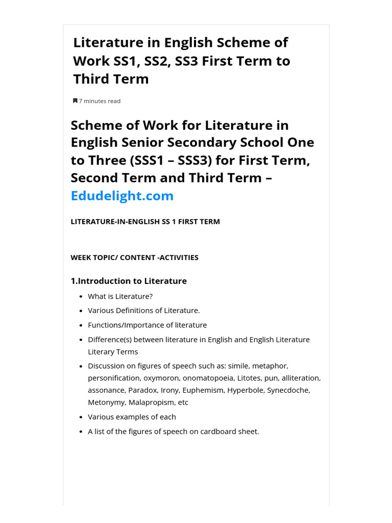 Literature in English Scheme of Work SS1 SS2 SS3 First Term | PDF | Poetry | William Shakespeare