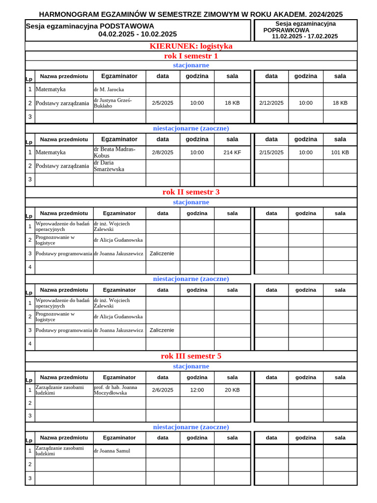 Harmonogram Sesji ZIMA 2024 2025 1 | PDF