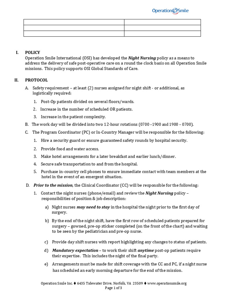 OSI Night Nursing Policy 5.13 -Final | PDF | Nursing | Health Sciences