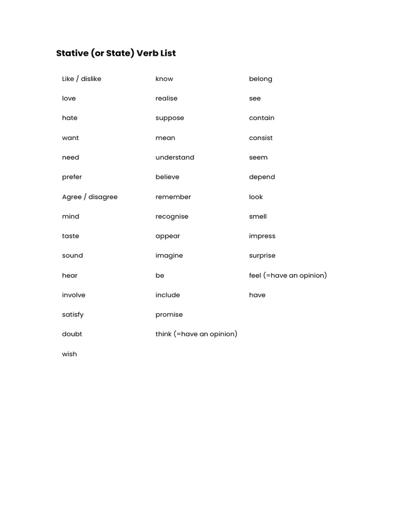 Stative Verb List for English Learners | PDF