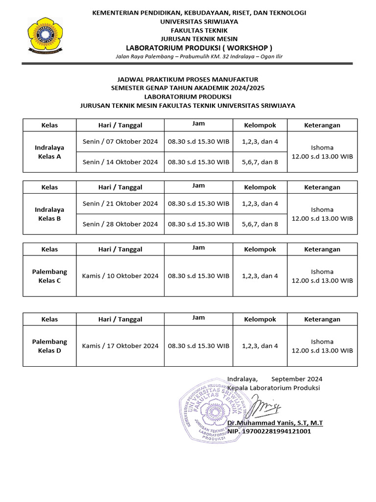 Jadwal Praktikum Proses Manufaktur | PDF