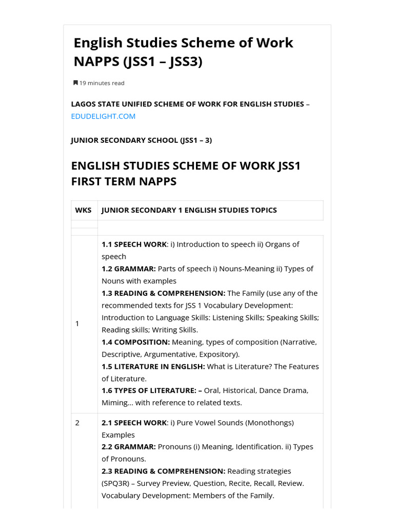 English Studies Scheme of Work NAPPS (JSS1 - JSS3) | PDF | English ...