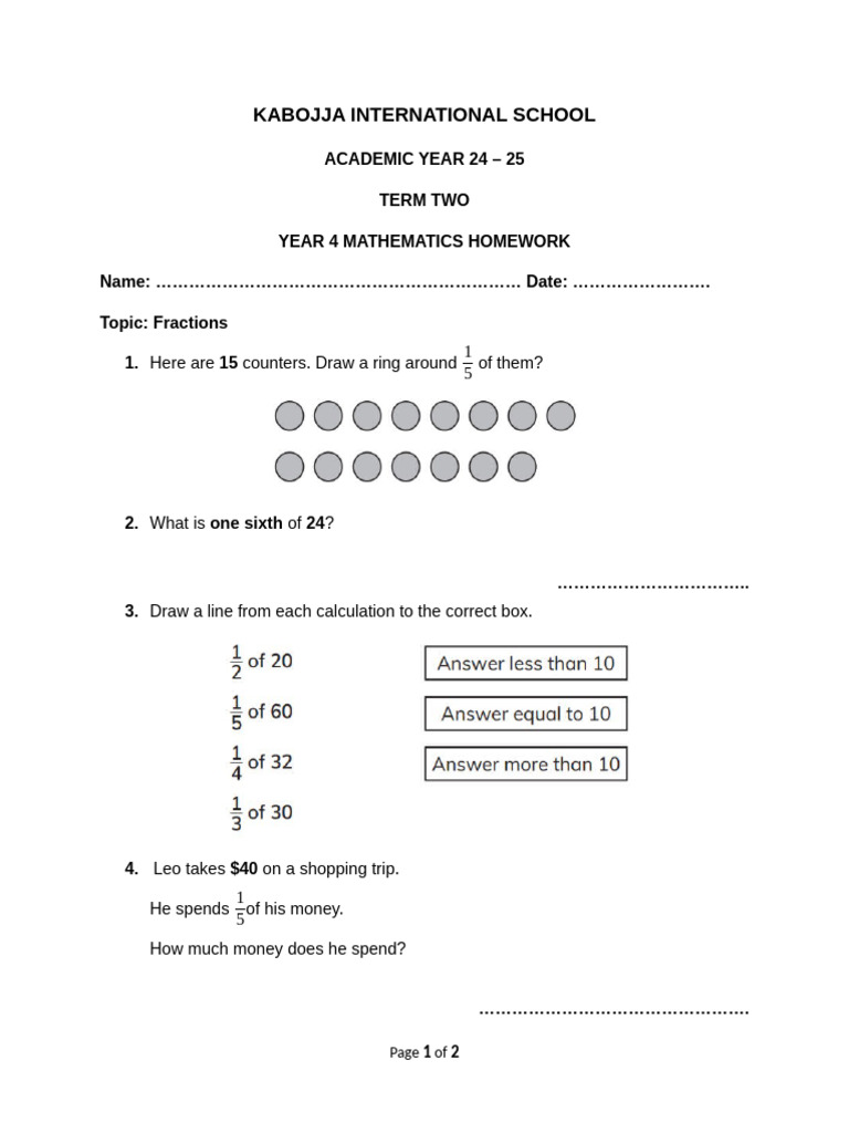 Y4 Maths HW 6 T2 25 | PDF