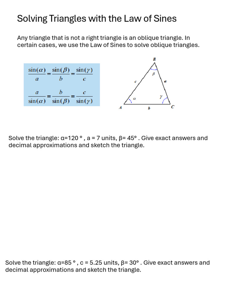 Solving Triangles With The Law of Sines | PDF
