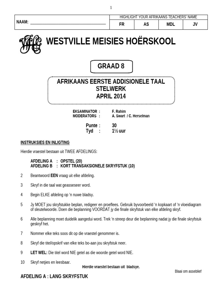 Gr8 Vraestel 3 | PDF