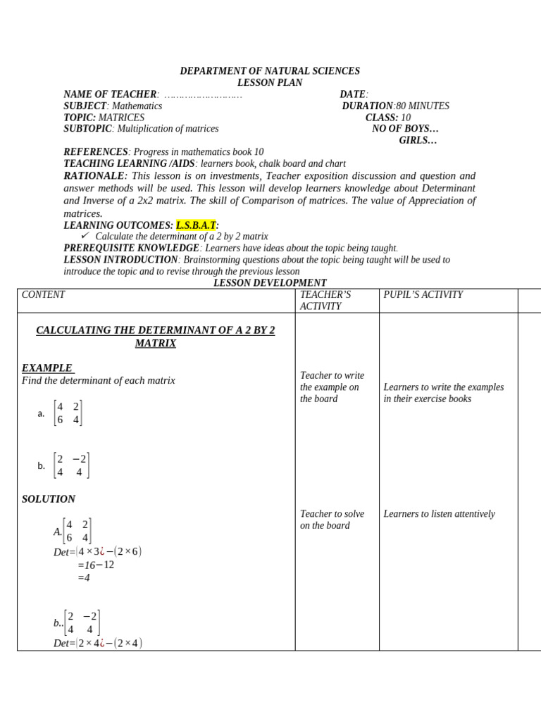 Grade 10 Mathematics Matrices - Multiplication of matrices 2 Editable ...