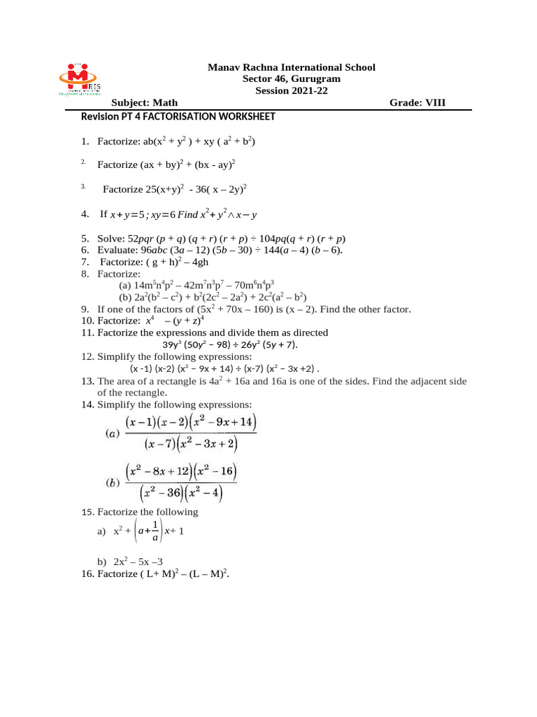 Factorisation Revision Worksheet PT 4 G 8 | PDF