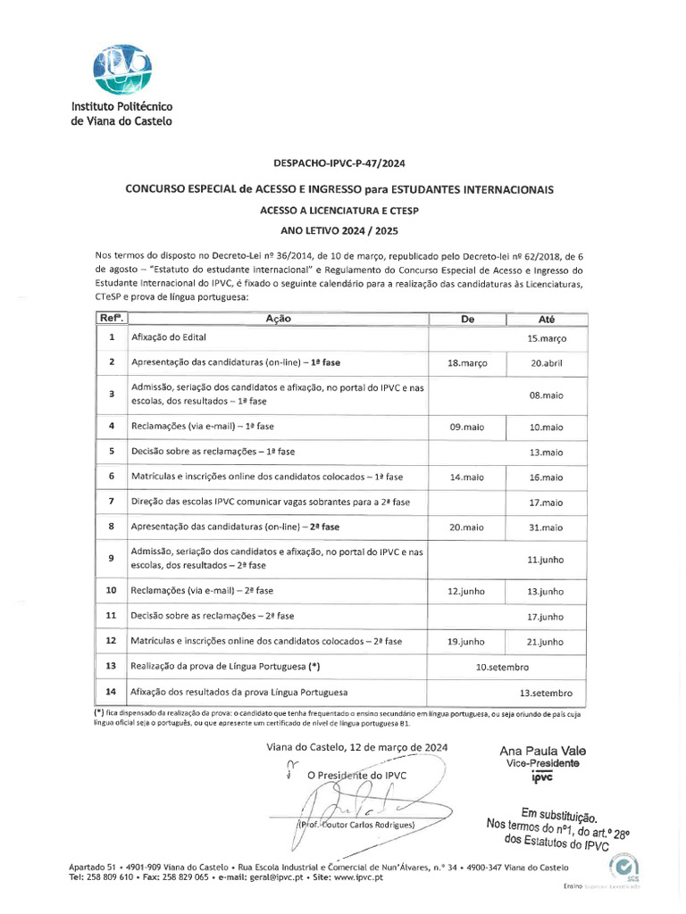 Despacho-47-2024-Calendario-Cand-Est-Intern-2024-25 | PDF