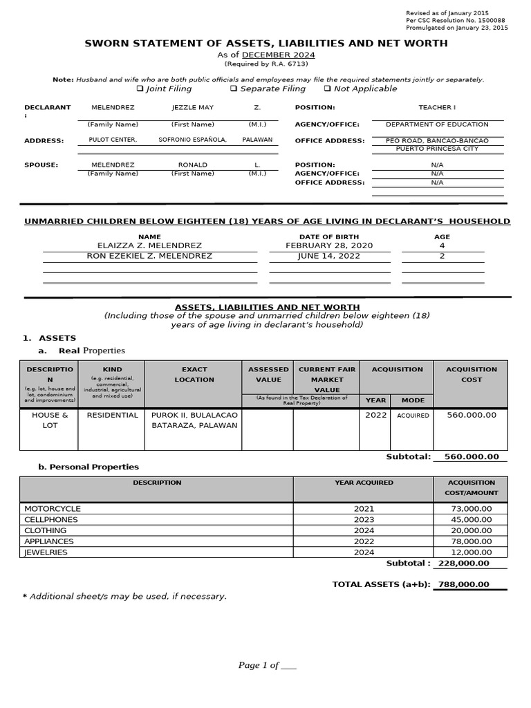 SALN Form Revised January 2015 | PDF | Net Worth | Business Economics
