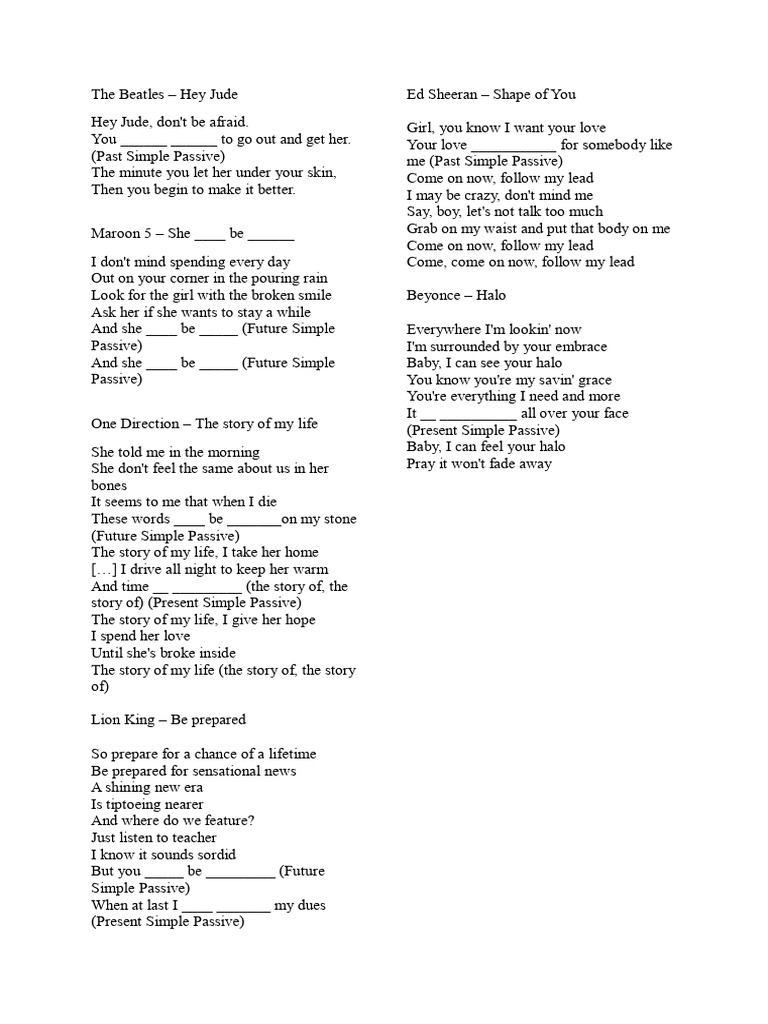 Song Lyrics with Passive Voice Exercises | PDF