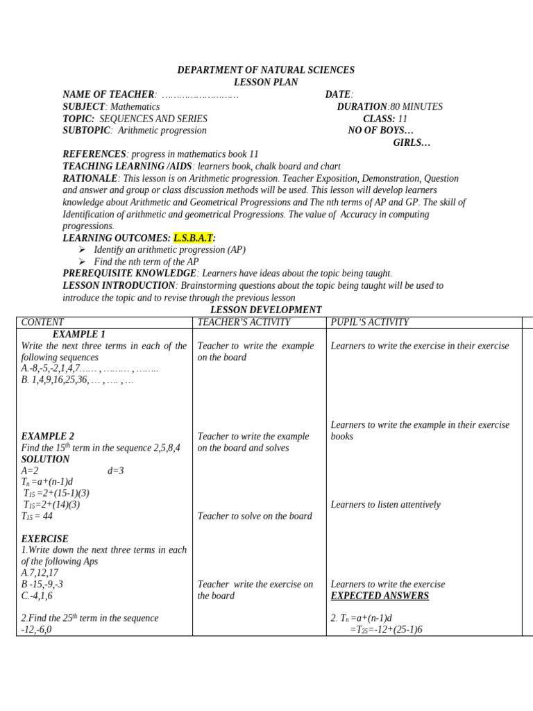 Grade 11 Mathematics Sequence and Series - Arithmetic Progression 2 Editable Lesson Plan | PDF ...