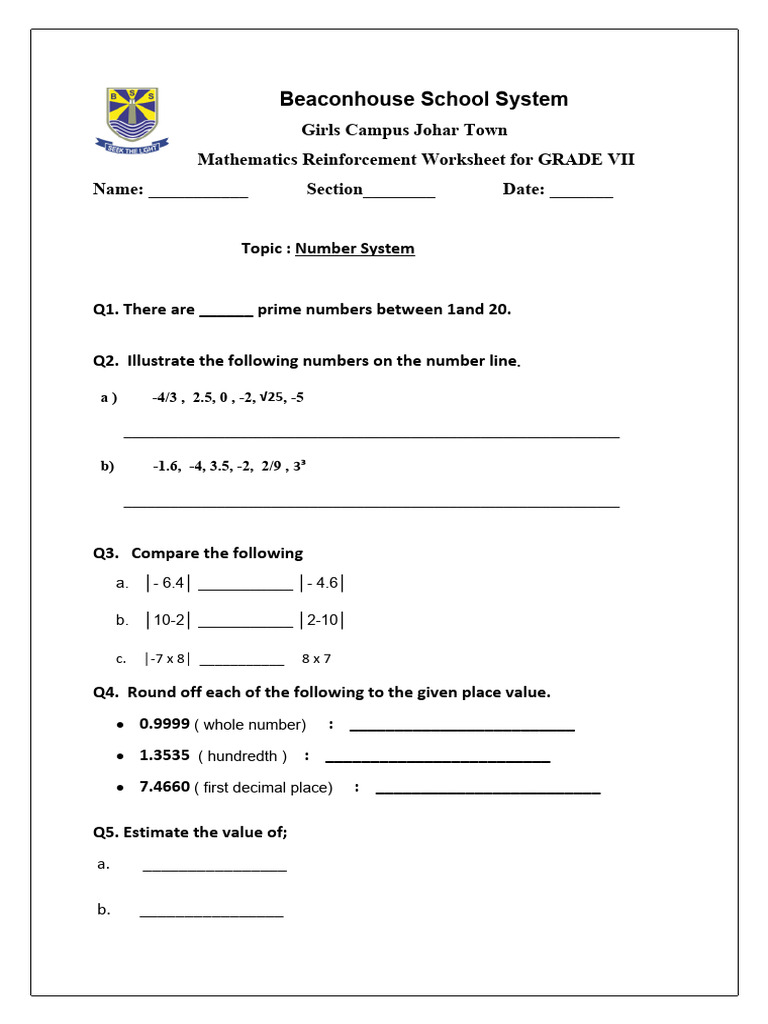 Grade VII Math Worksheet: Number System | PDF