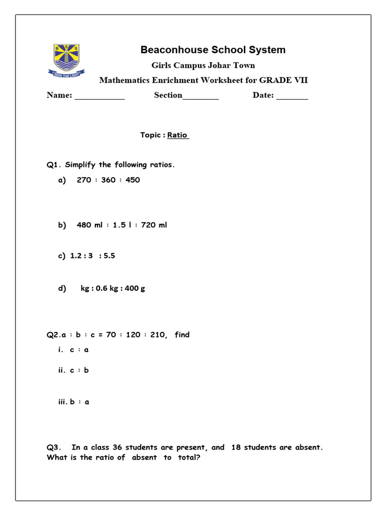 Grade VII Mathematics Ratio Worksheet | PDF