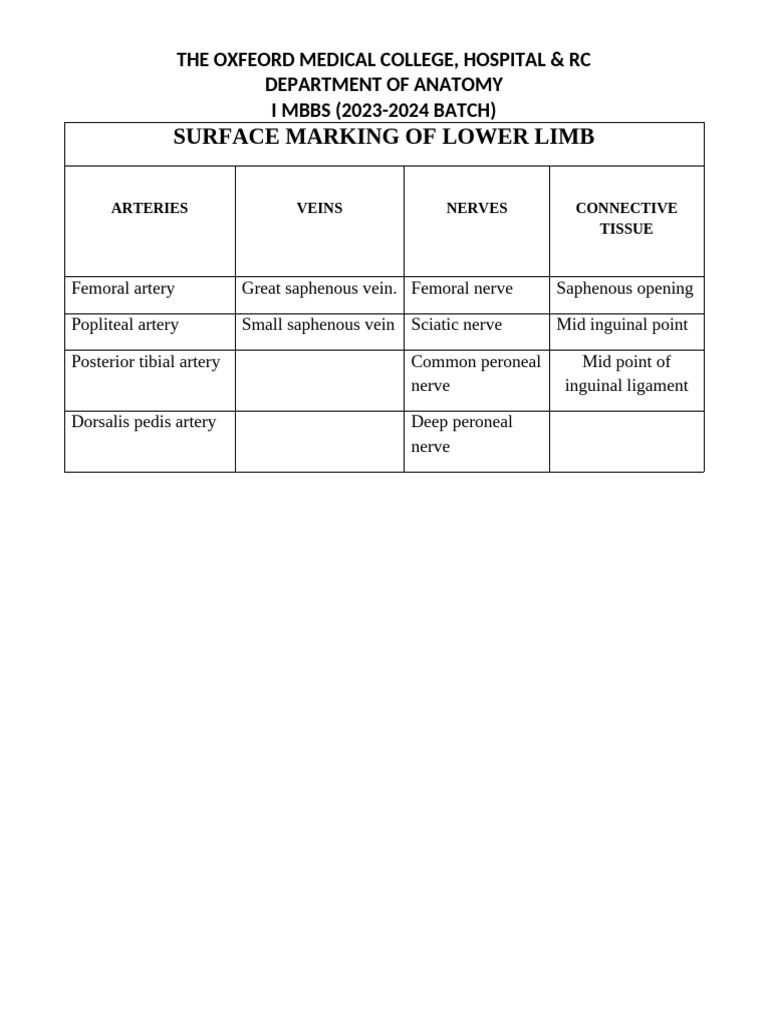 Surface Markings of Lower Limb Anatomy | PDF