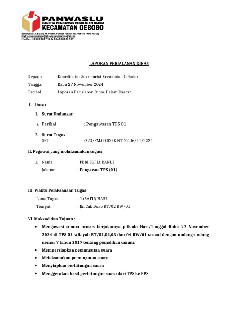 Format Laporan Perjalanan Dinas - PTPS Tgl....... | PDF