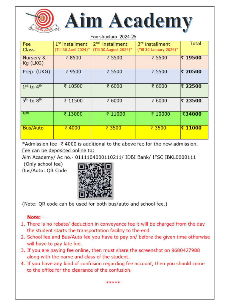 Aim Academy Fee Structure 2024-25 | PDF