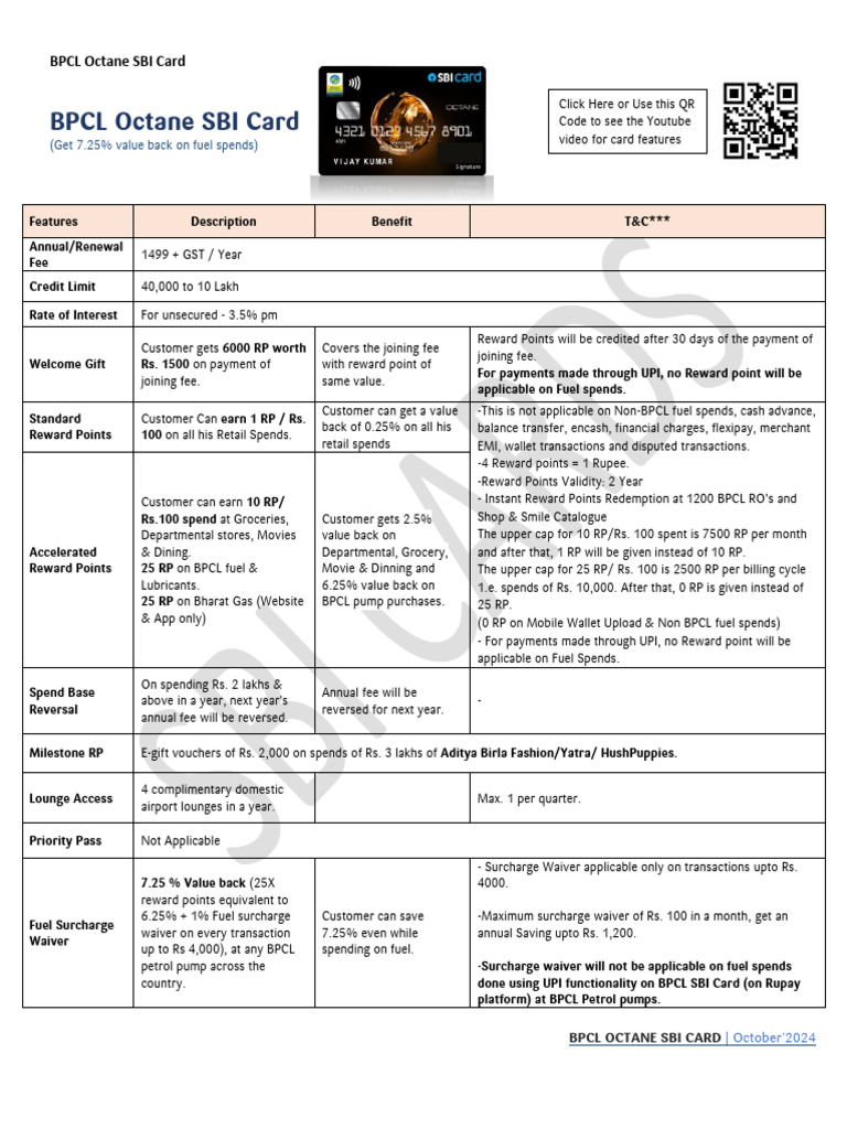 BPCL Octane SBI Card October 2024 | PDF | Loyalty Program | Credit Card