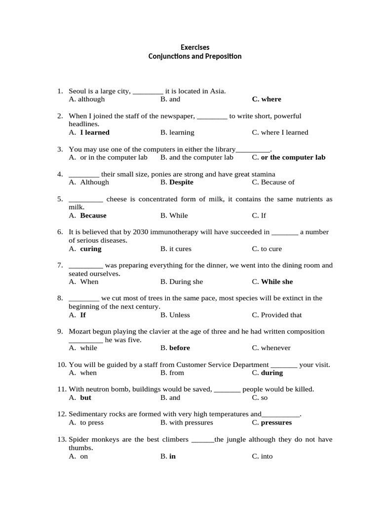 Exercises Conjunction and Preposition | PDF