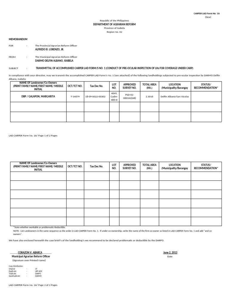 CARPER LAD Form No. 1-A Transmittal of CARPER LAD Forms No. 1 | PDF