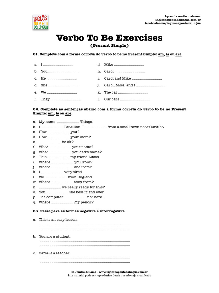 Verb To Be Answer Exercises (Present) | PDF
