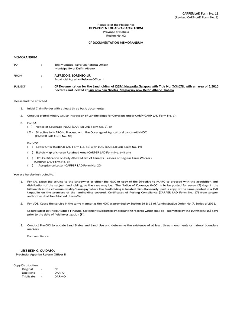 CARPER LAD Form No. 11 CF Documentation Memo | PDF