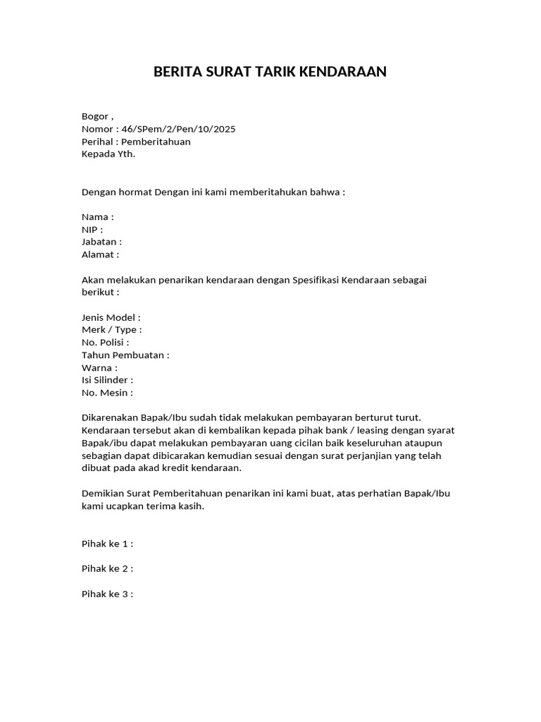 Pemberitahuan Penarikan Kendaraan | PDF