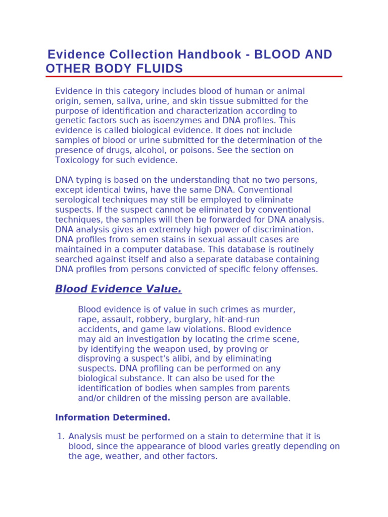 Blood & Body Fluids Evidence Guide | PDF | Dna Profiling | Rape