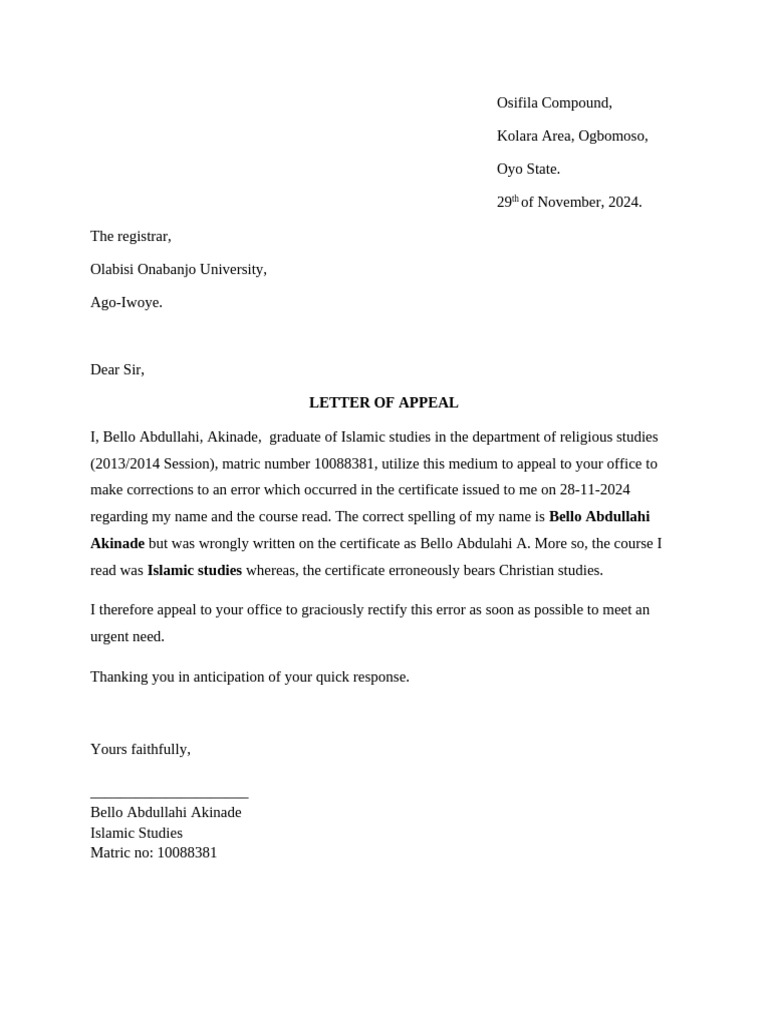 Letter of Appeal | PDF