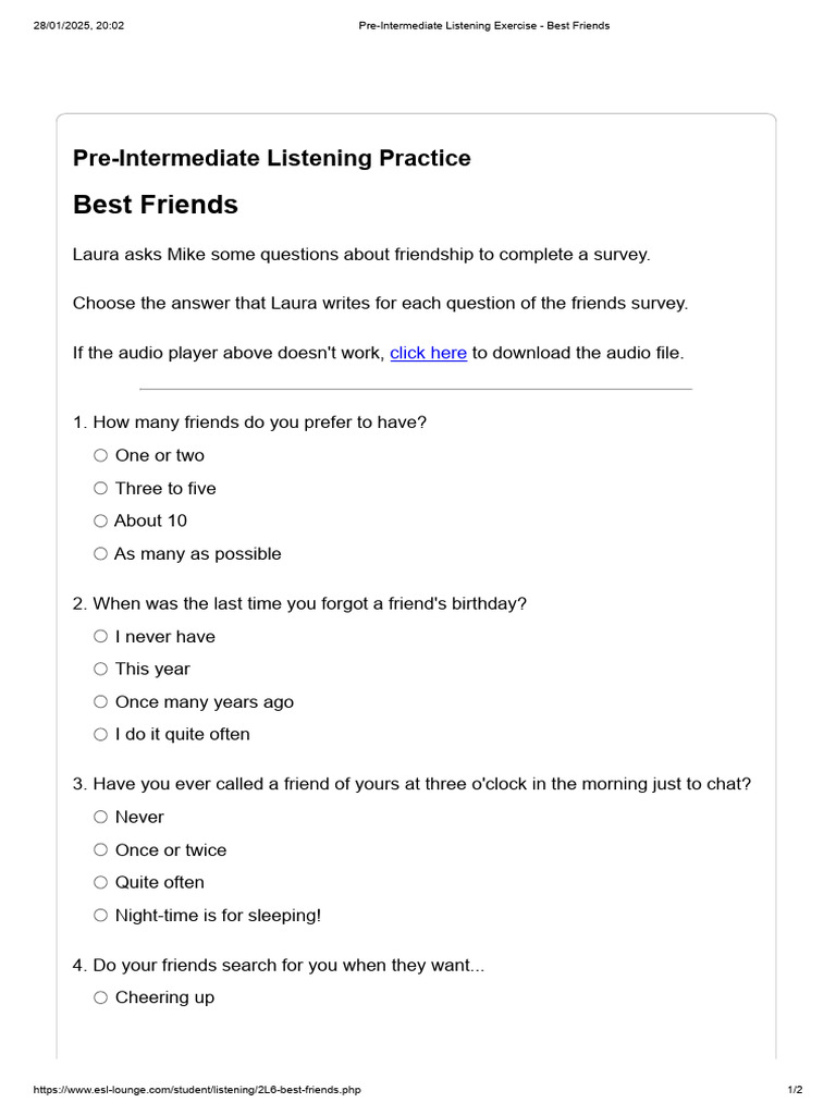Pre-Intermediate Listening Exercise - Best Friends | PDF