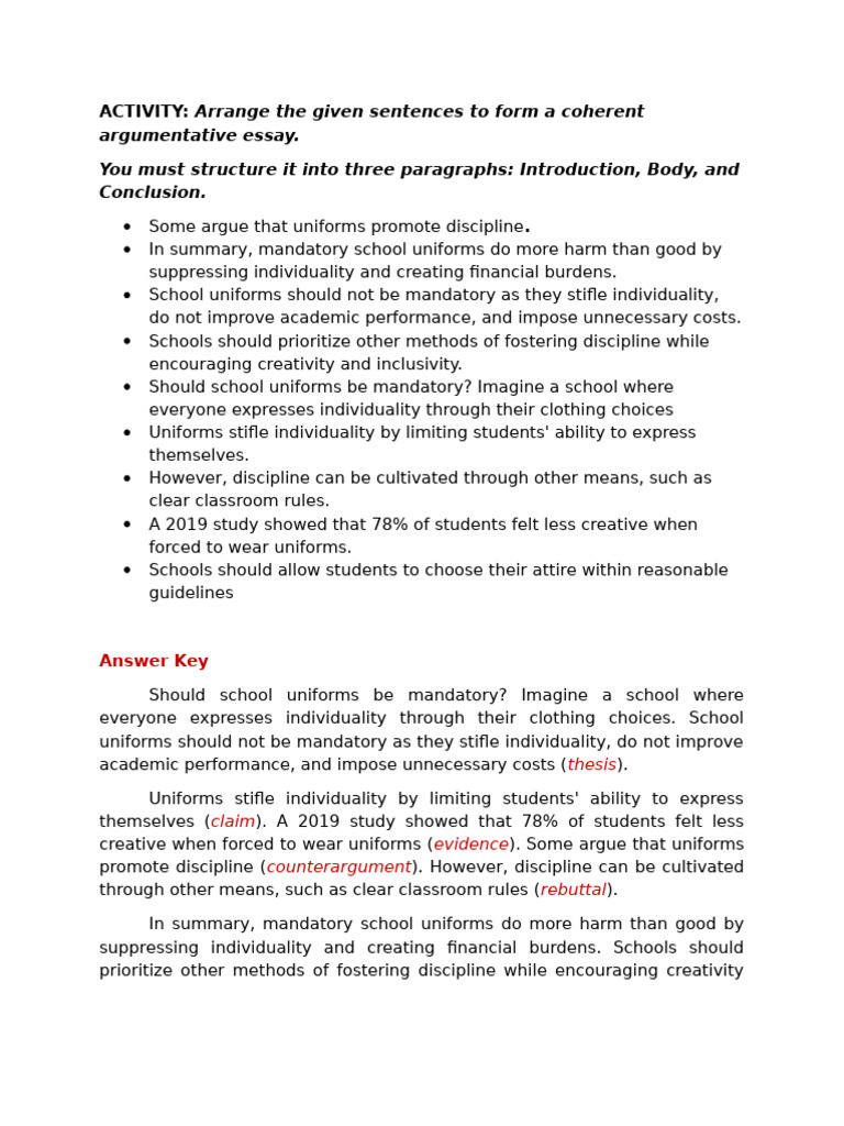 ACTIVITY For Argumentative Essay | PDF