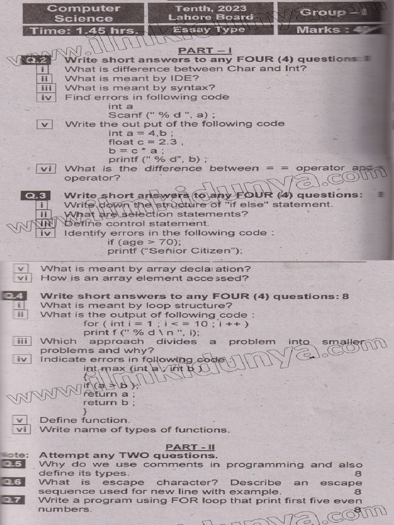 Past Paper 2023 Lahore Board Class 10th Computer Science Group I Subjective English Medium | PDF