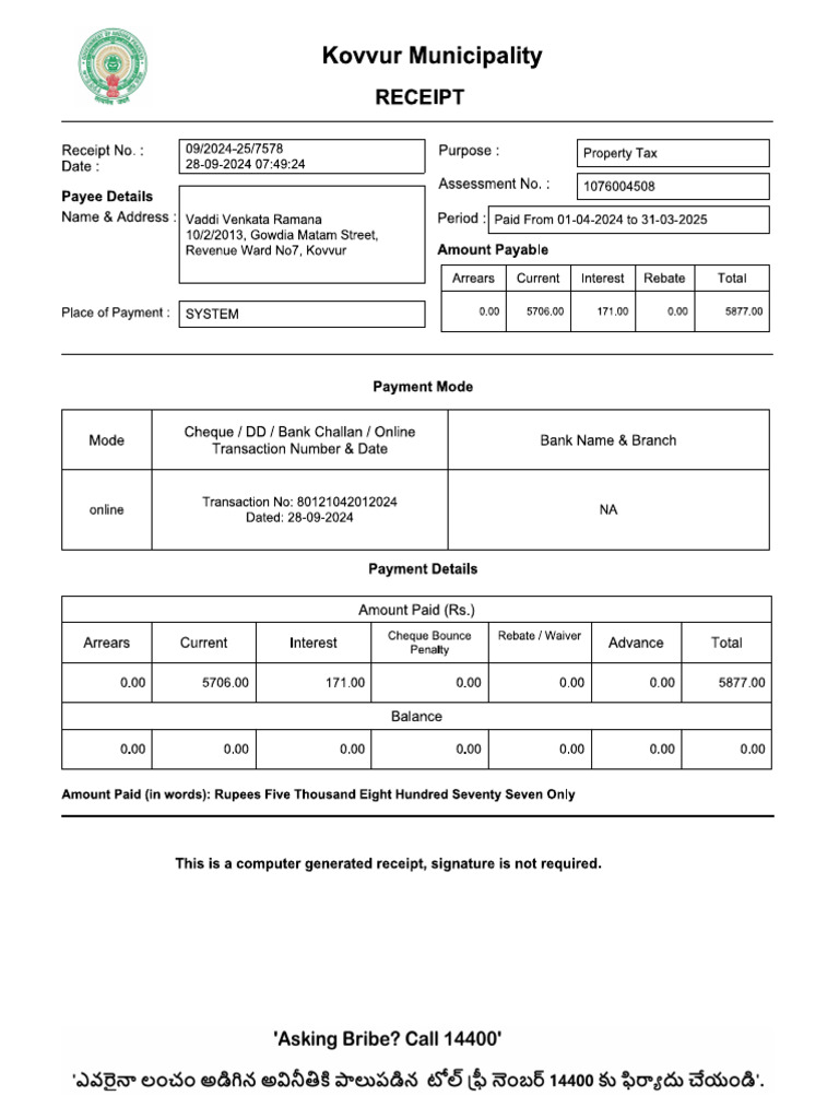 Kovvuru Property Tax | PDF