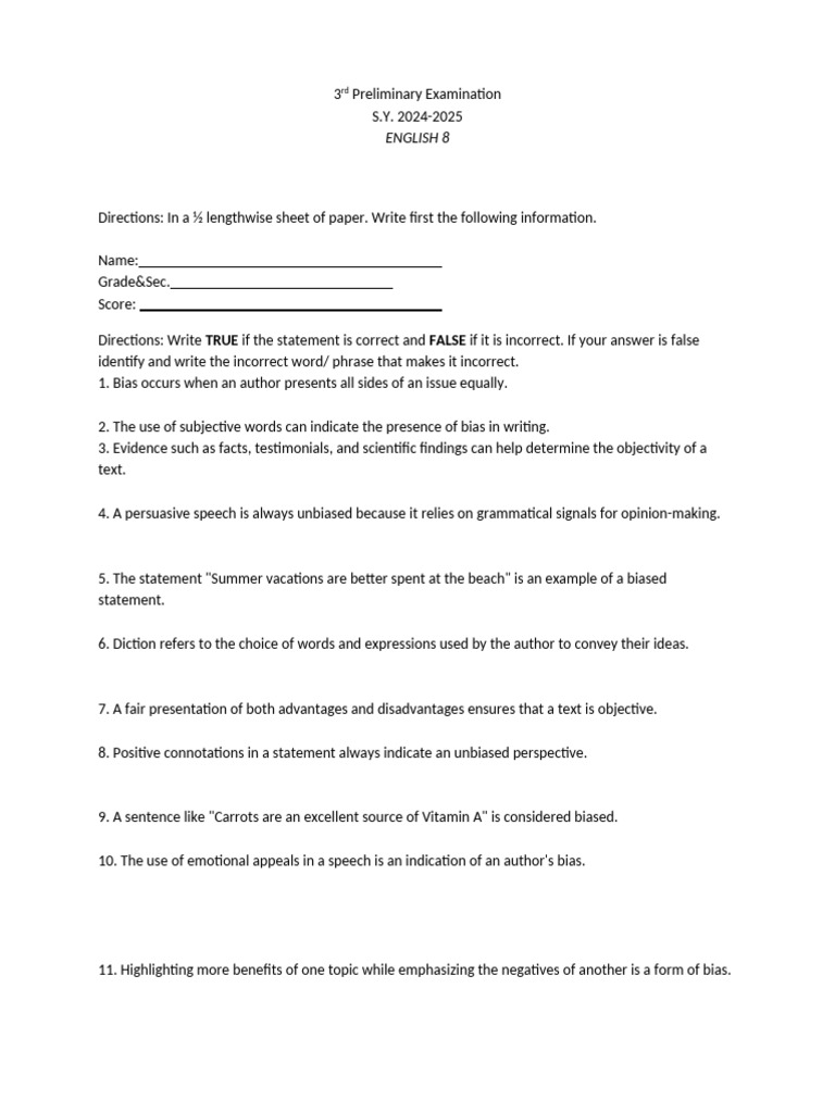 Grade 8 - English -3rd Preliminary Examination | PDF