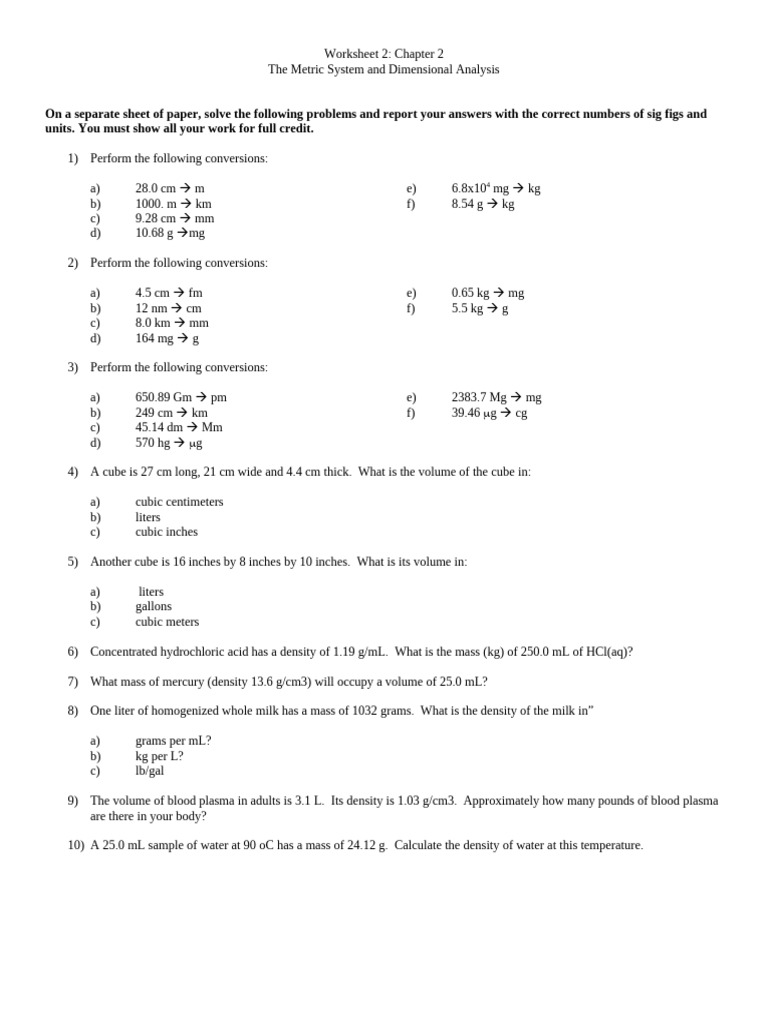 Worksheet The Metric System and Dimensional Analysis | PDF