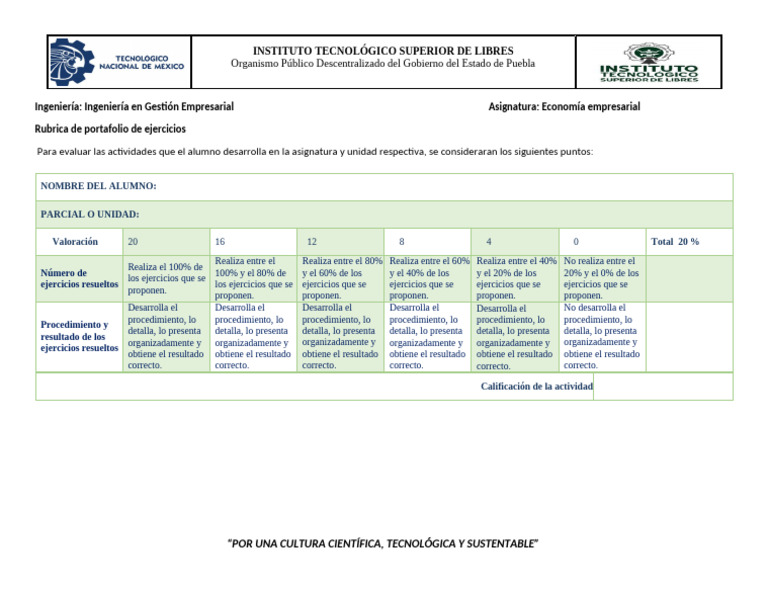 Rubrica Portafolio de Ejercicios 20% | PDF