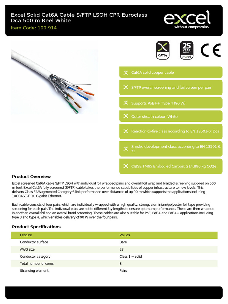 Excel Cat 6A SF - UTP Cable 100-914 | PDF | Materials | Electricity