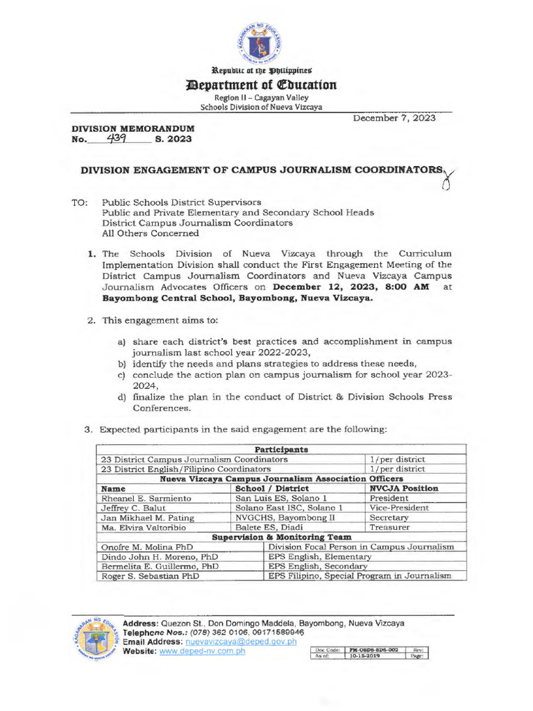 DM No.439, S. 2023 Engagement Meeting | PDF