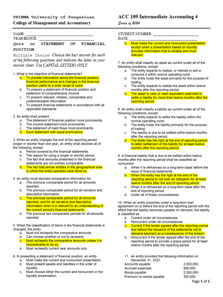 Financial Position Quiz for ACC 109 | PDF | Balance Sheet | Equity ...
