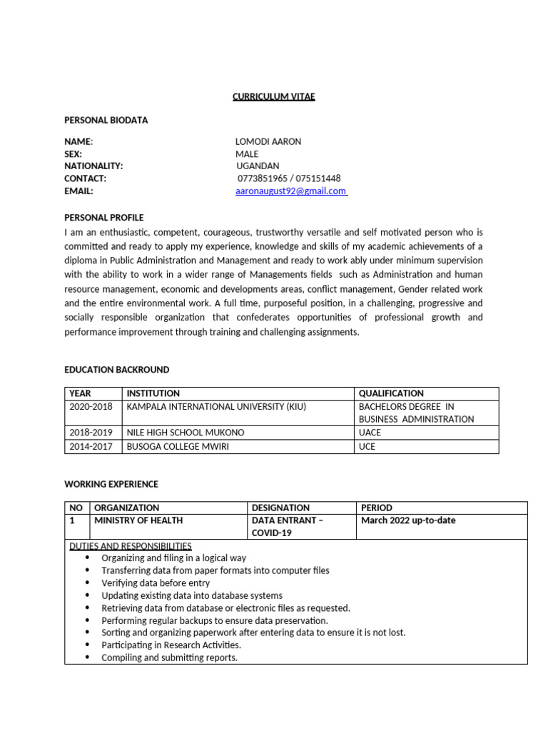 Lomodi Aaron Curriculum Vitae - Copy 2 | PDF | Data