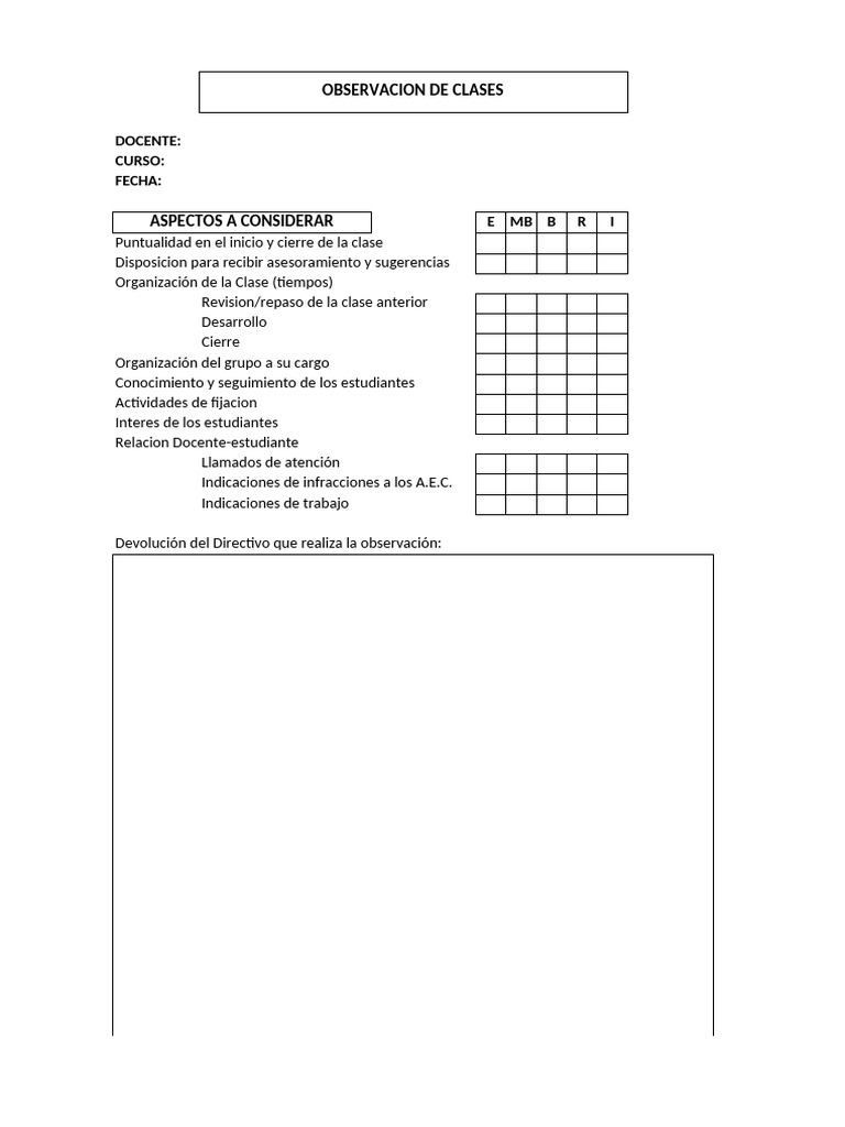 Modelo de Ficha de Observacion de Clases (En Blanco) | PDF