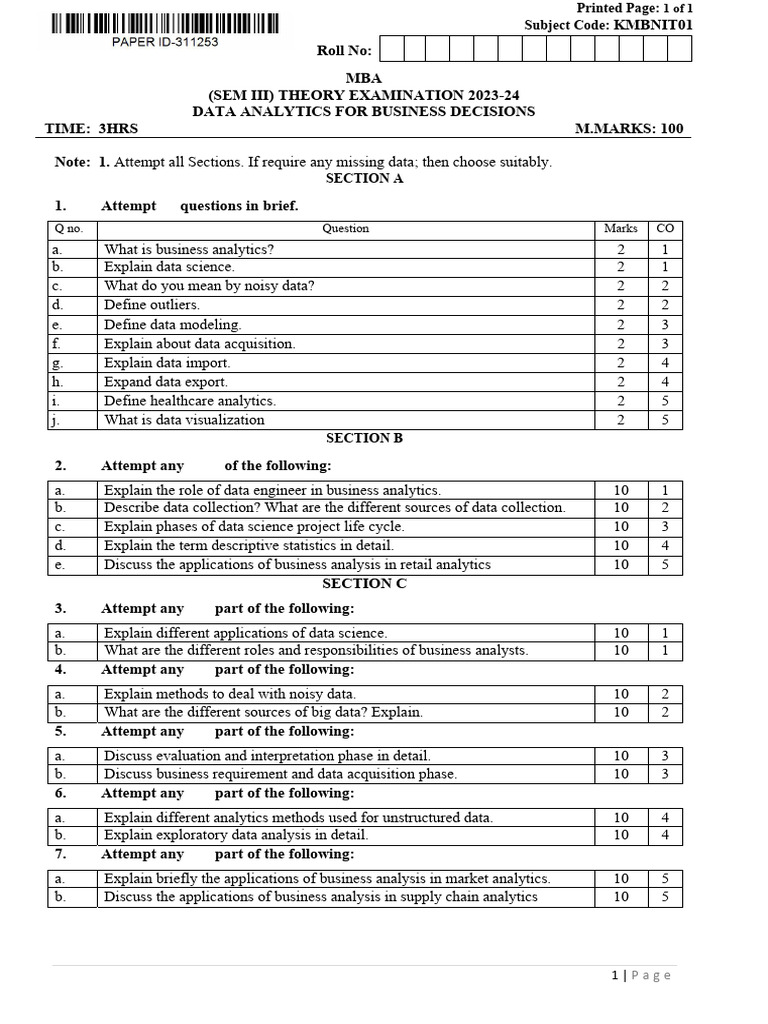 KMBNIT01 2023-24 Question Paper AKTU MBA | PDF | Analytics | Data Science