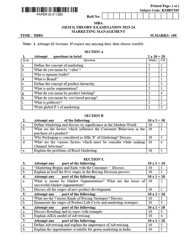 KMBN105 2023-24 Question Paper AKTU MBA | PDF | Marketing | Market ...