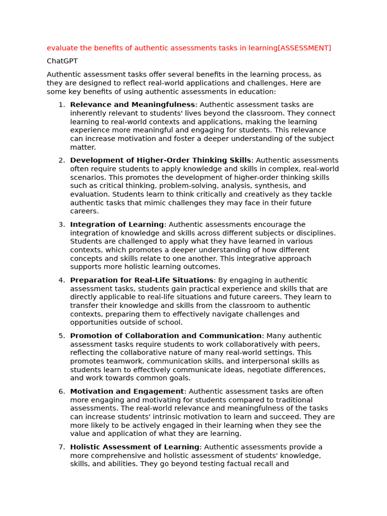 Evaluate The Benefits of Authentic Assessments Tasks in Learning | PDF ...