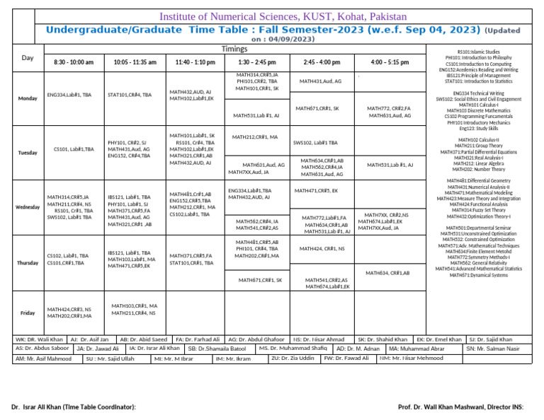 Timetable Fall 2023 | PDF | Mathematical Optimization | Applied Mathematics
