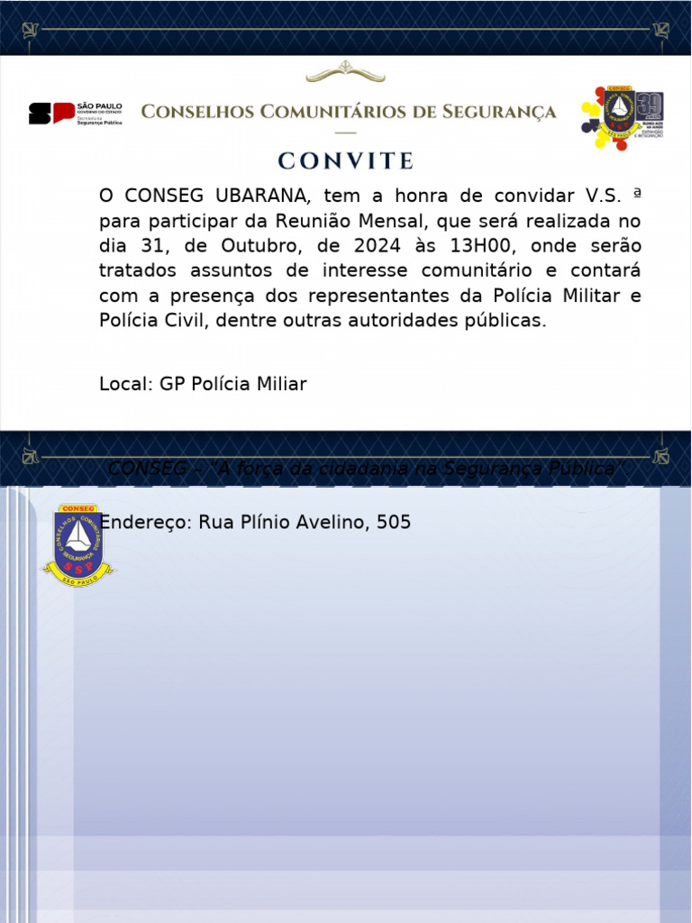 Convite para Reunião Mensal do CONSEG | PDF