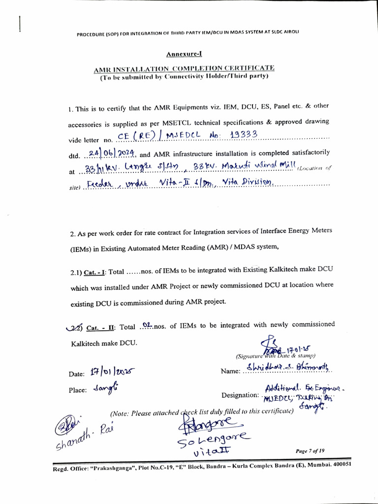 IEM AMR Installation Completion Certificate Lengare Sstn | PDF | Fuse (Electrical) | Information ...