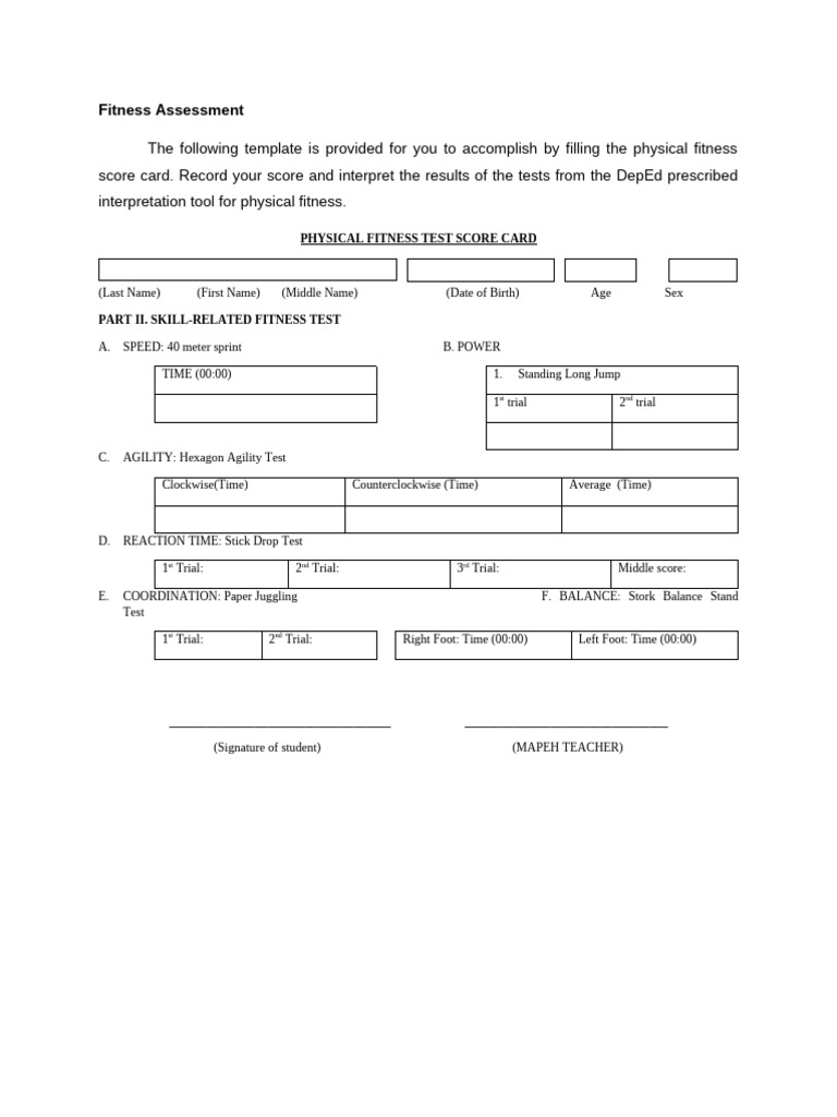 Physical Fitness Assessment Template | PDF